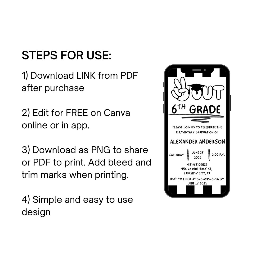 Editable 6th Grade Graduation Invite, Peace Out Graduation Invite for ...