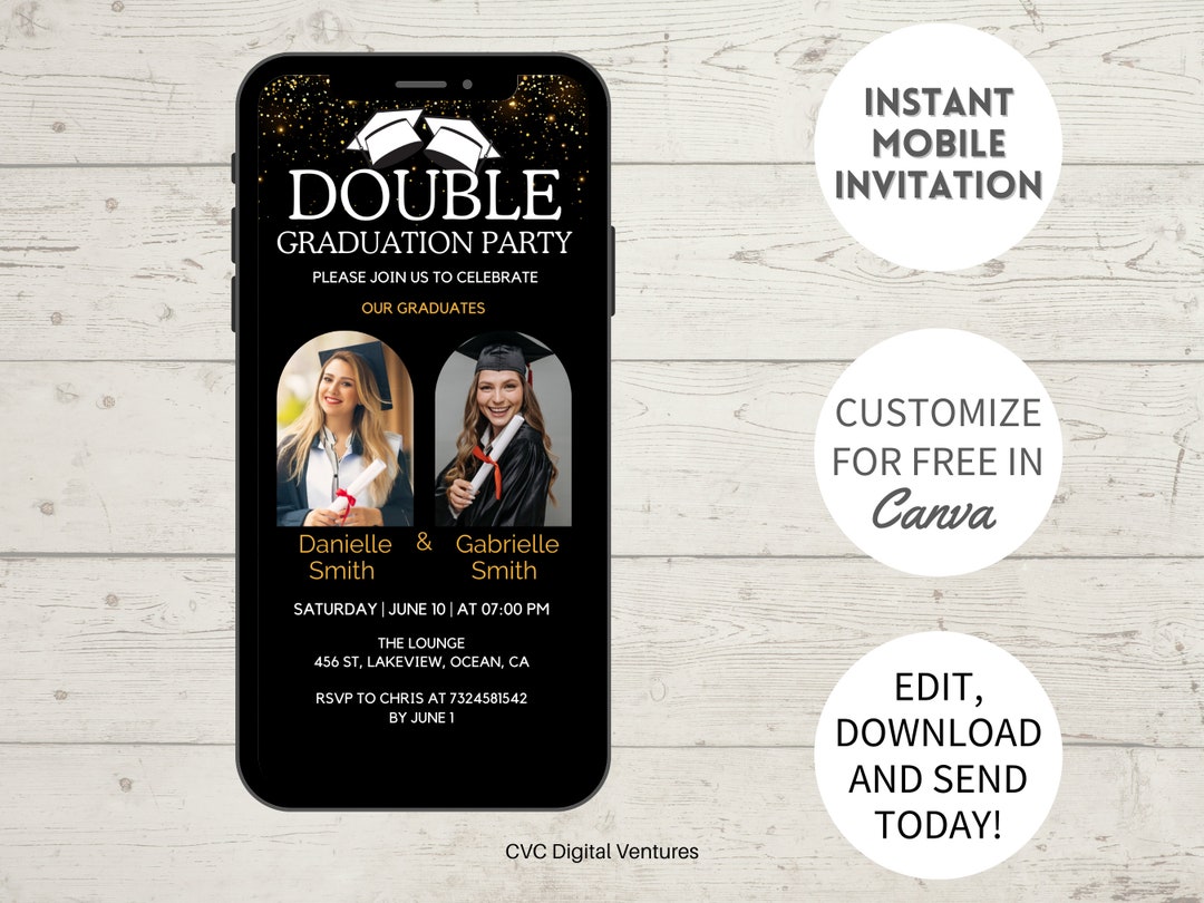 Twins Graduation Party Invitation With Photo: Editable Canva Template ...