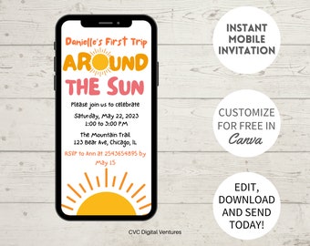 Editable First Trip Around the Sun Invitation, Sun Birthday Invite, Sun ...
