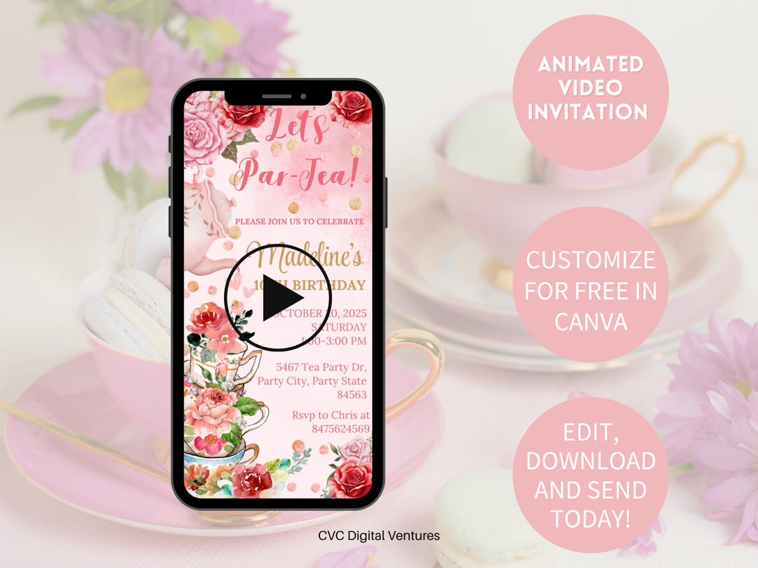 Tea Party Animated Birthday Invitation: Elegant Floral Design (digital ...
