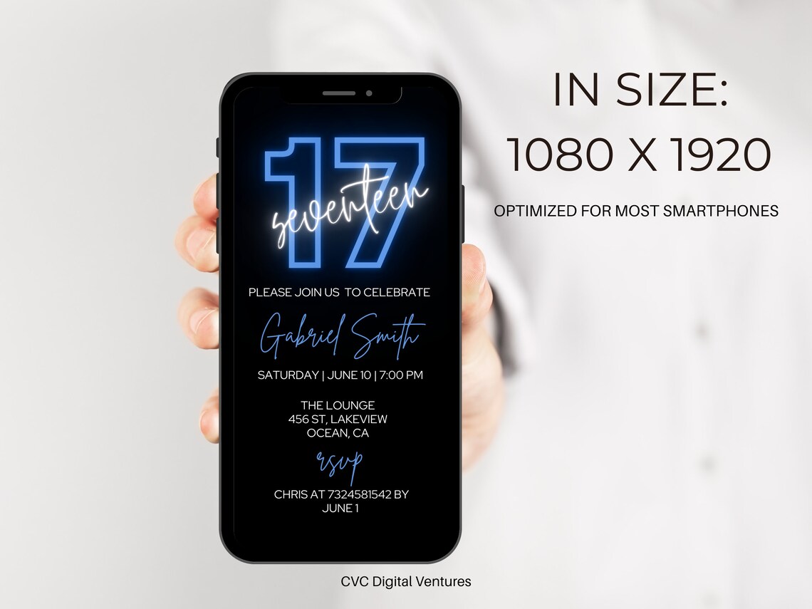 Editable Neon Blue 17th Birthday Invitation (digital Download) - Etsy