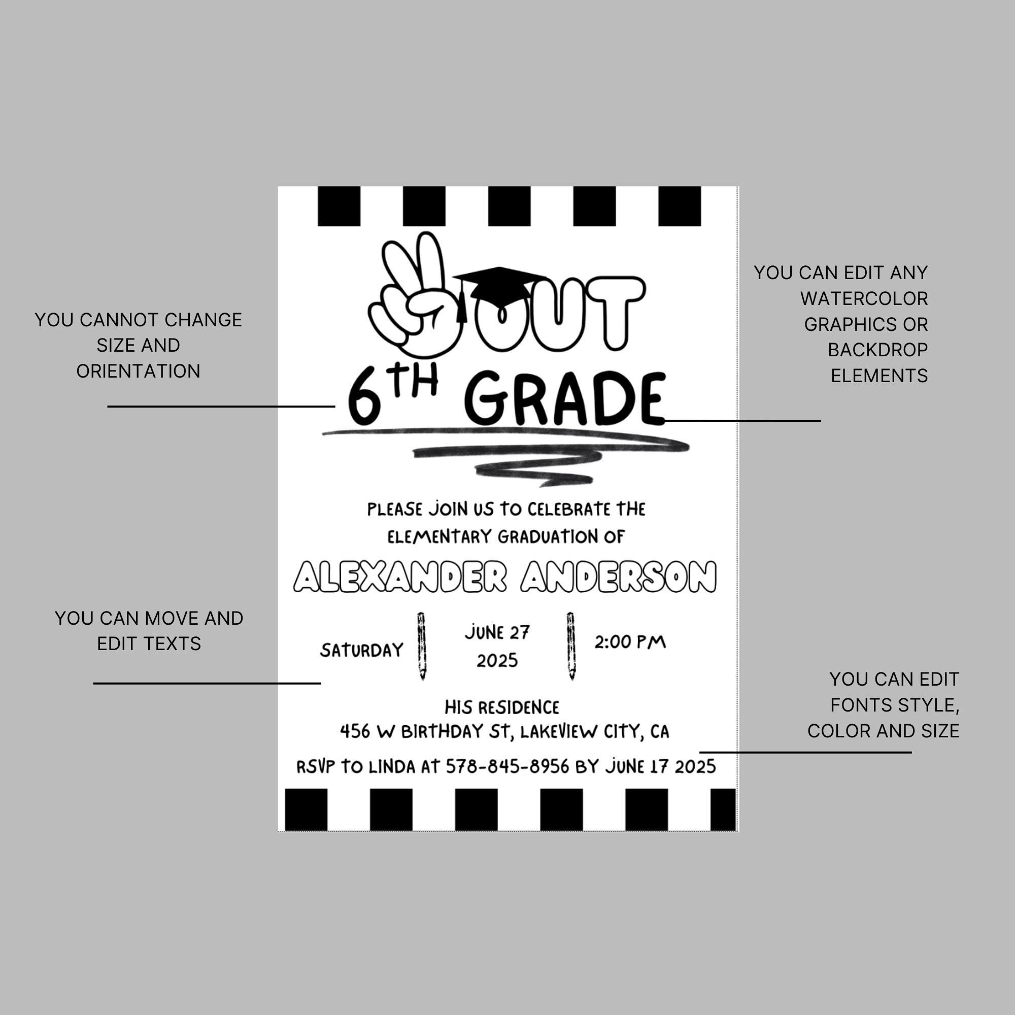 Editable 6th Grade Graduation Invite, Peace Out Graduation Invite for ...