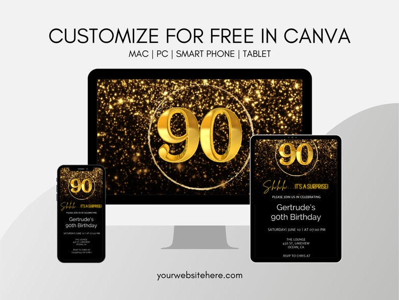 Editable 90th Birthday Invitation Gold & Dark Birthday - Etsy