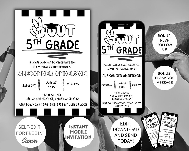 Editable 5th Grade Graduation Invite, Peace Out Graduation Invite for ...