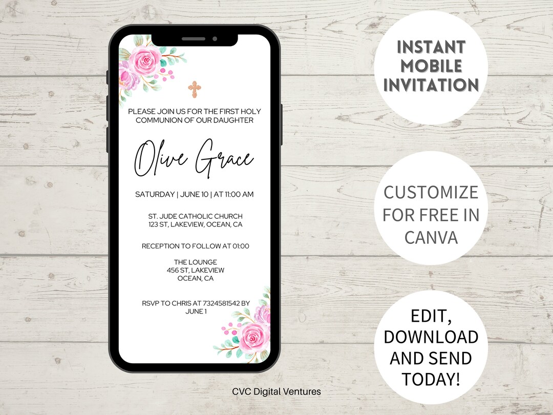 Invitation for First Holy Communion for Girls, Pink First Holy ...