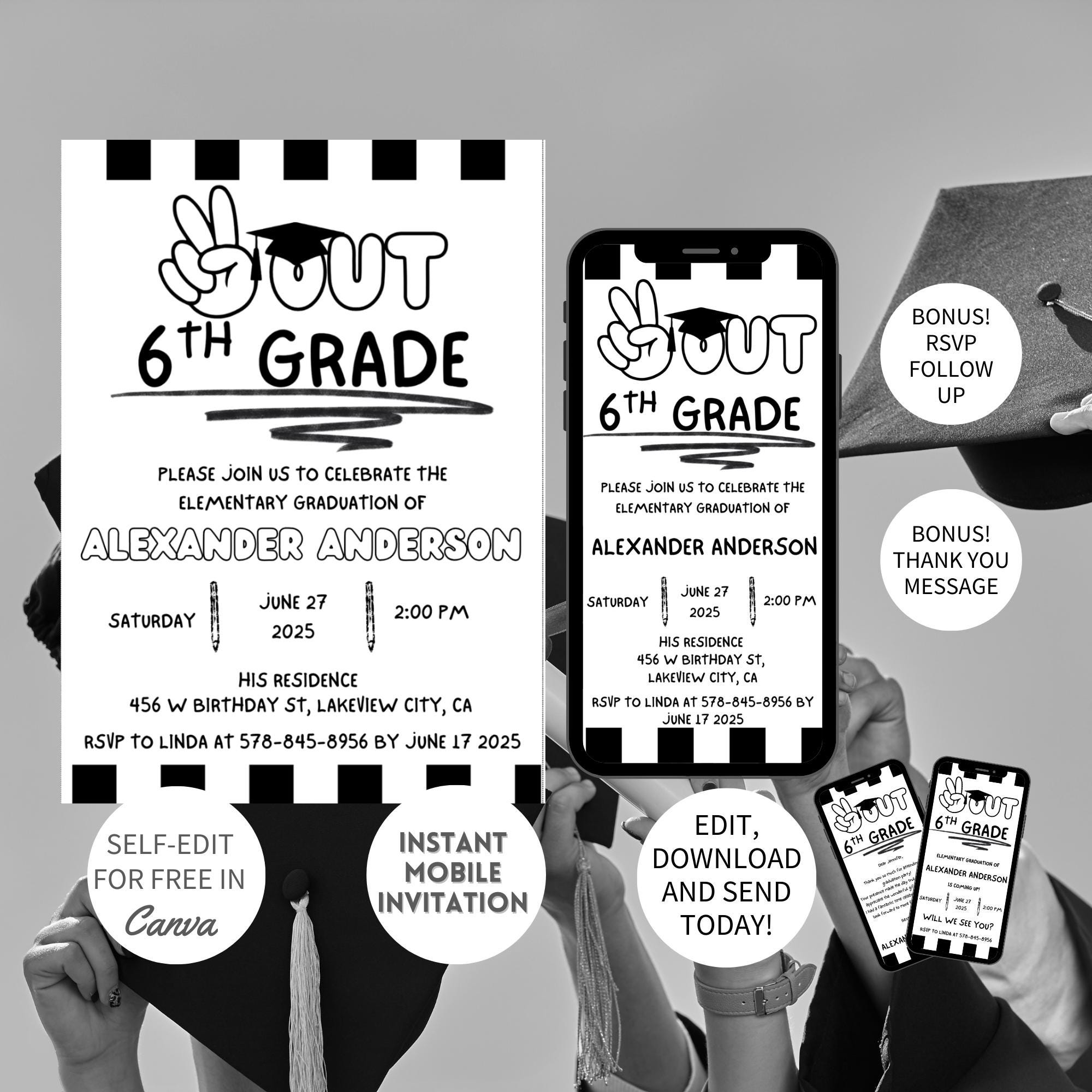 Editable 6th Grade Graduation Invitation: Black & White Peace Out ...