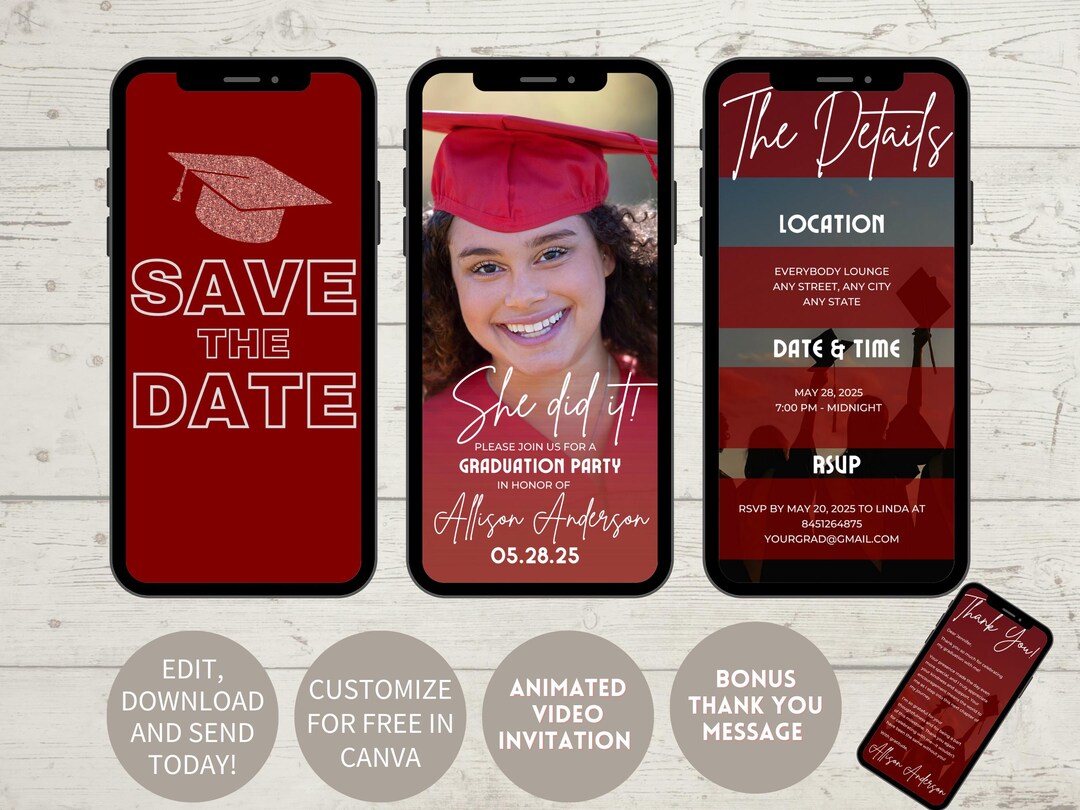 Red Maroon Graduation Save the Date Video Invitation (digital Download ...