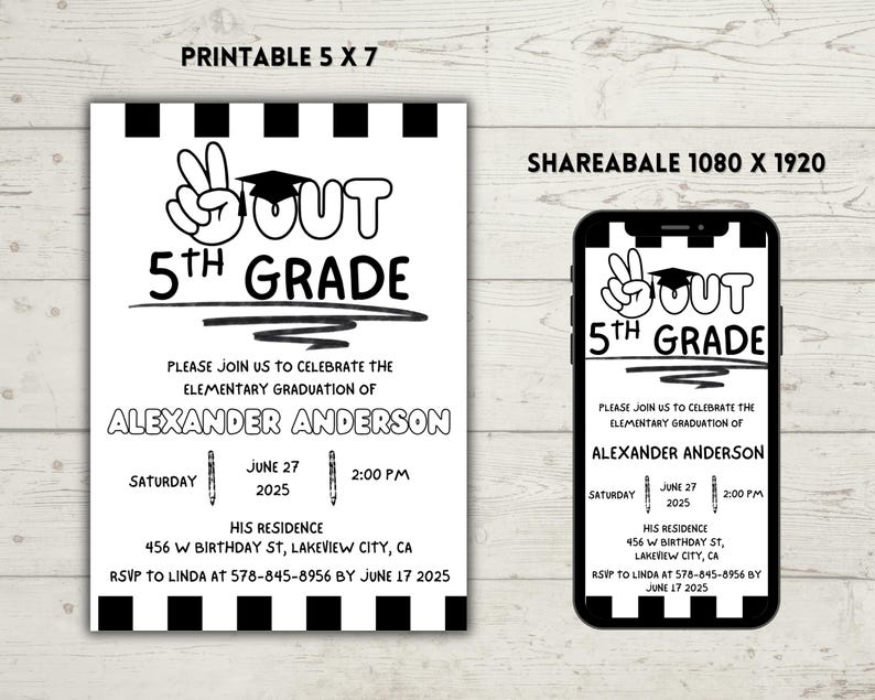 Editable 5th Grade Graduation Invite, Peace Out Graduation Invite for ...