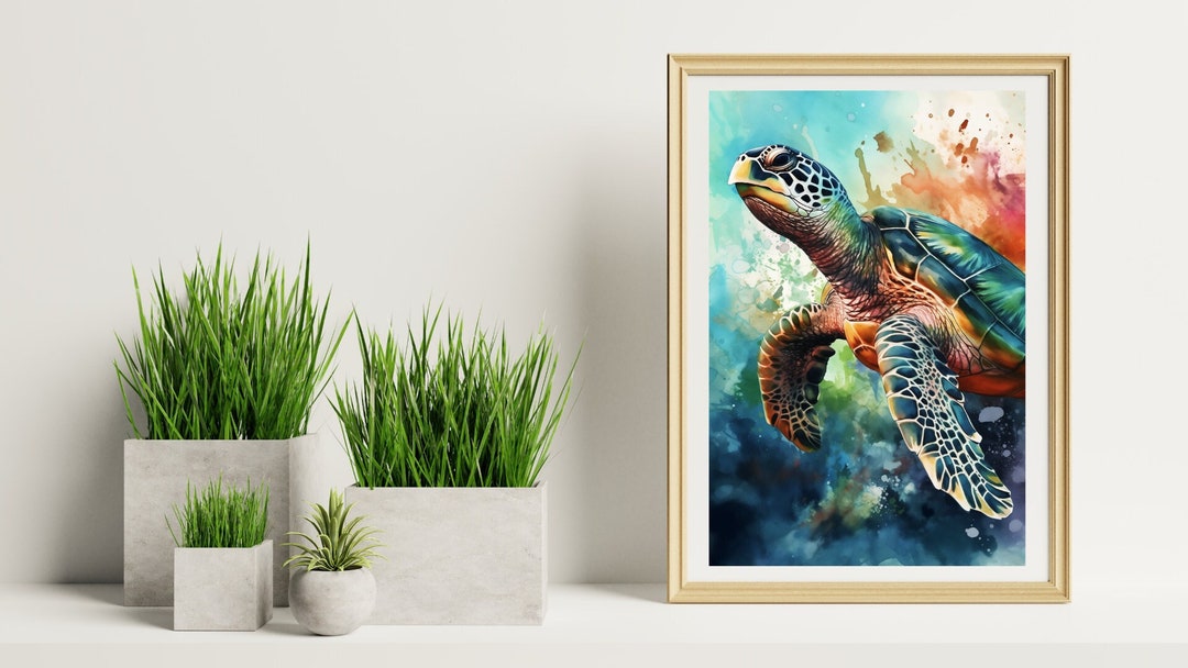 Serene Green Sea Turtle Poster Watercolor Ocean Life Art Print for Home ...