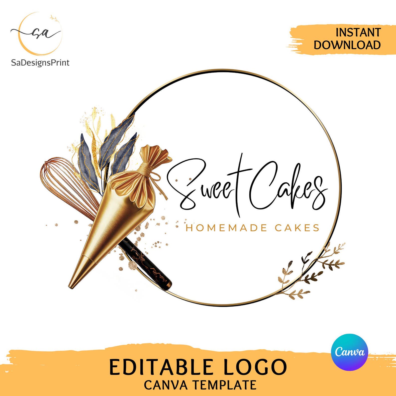 Editable Baking Logo Gold Watercolor DIY Bakery Business Logo Gold ...