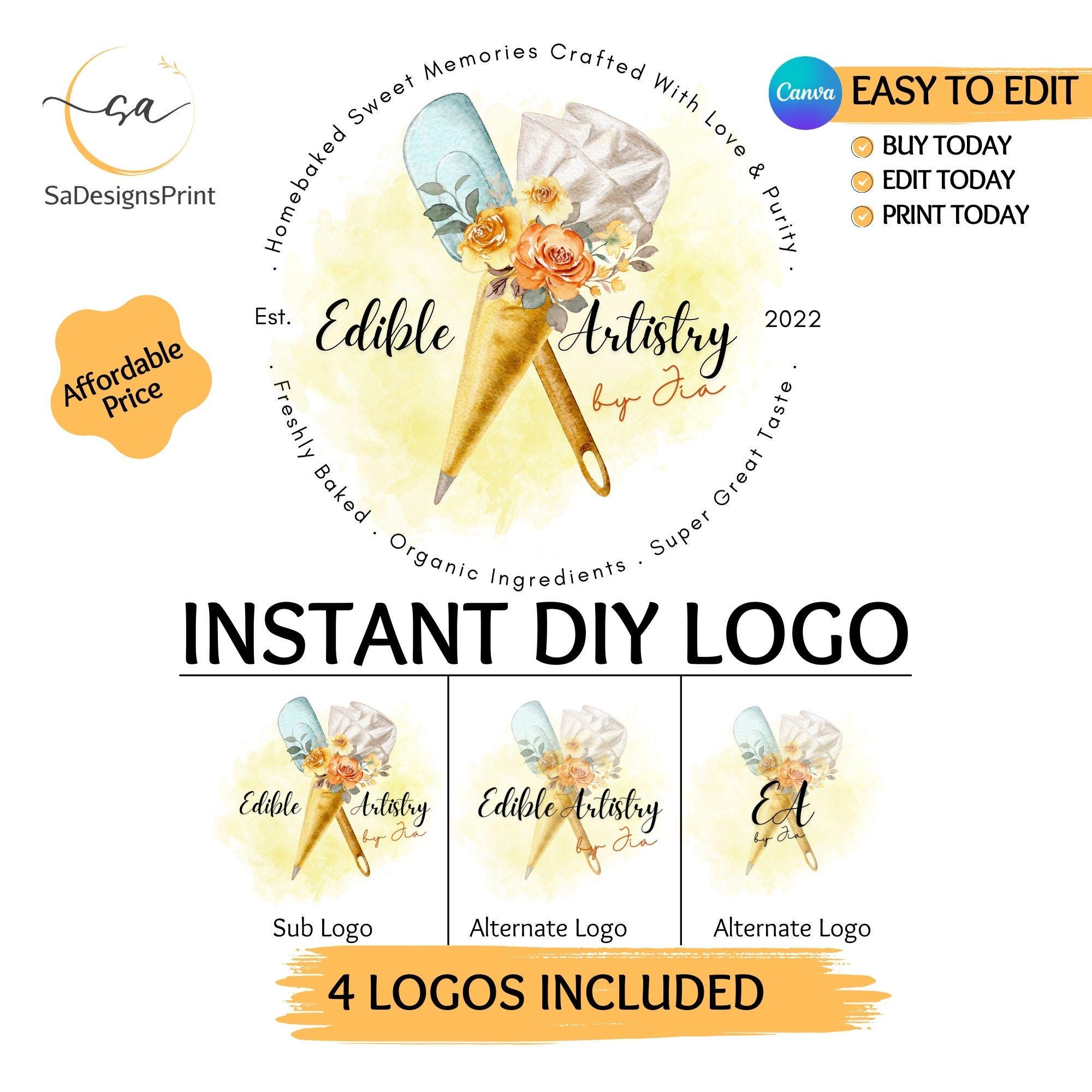 Editable Watercolor Baking Logo Bundle for Home Bakers DIY Bakery Logo ...