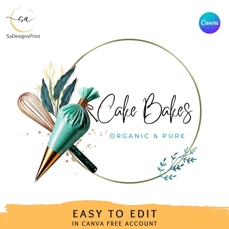 Editable Watercolor Baking Logo DIY Bakery Business Logo Gold Whisk ...