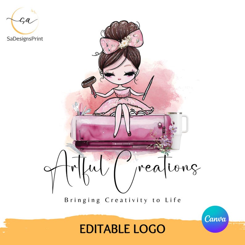 Editable Crafts Business Logo Watercolor Crafter Girl Logo Premade ...