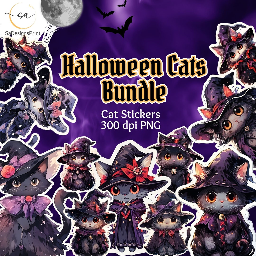 Halloween Cat Stickers Png Bundle Halloween Cat Clipart Watercolor ...