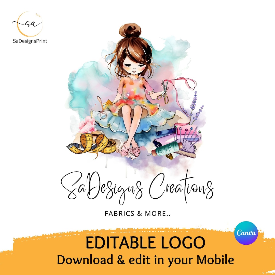 Editable Premade Sewing Logo Watercolor Girl Sewing Logo Tailoring Logo ...