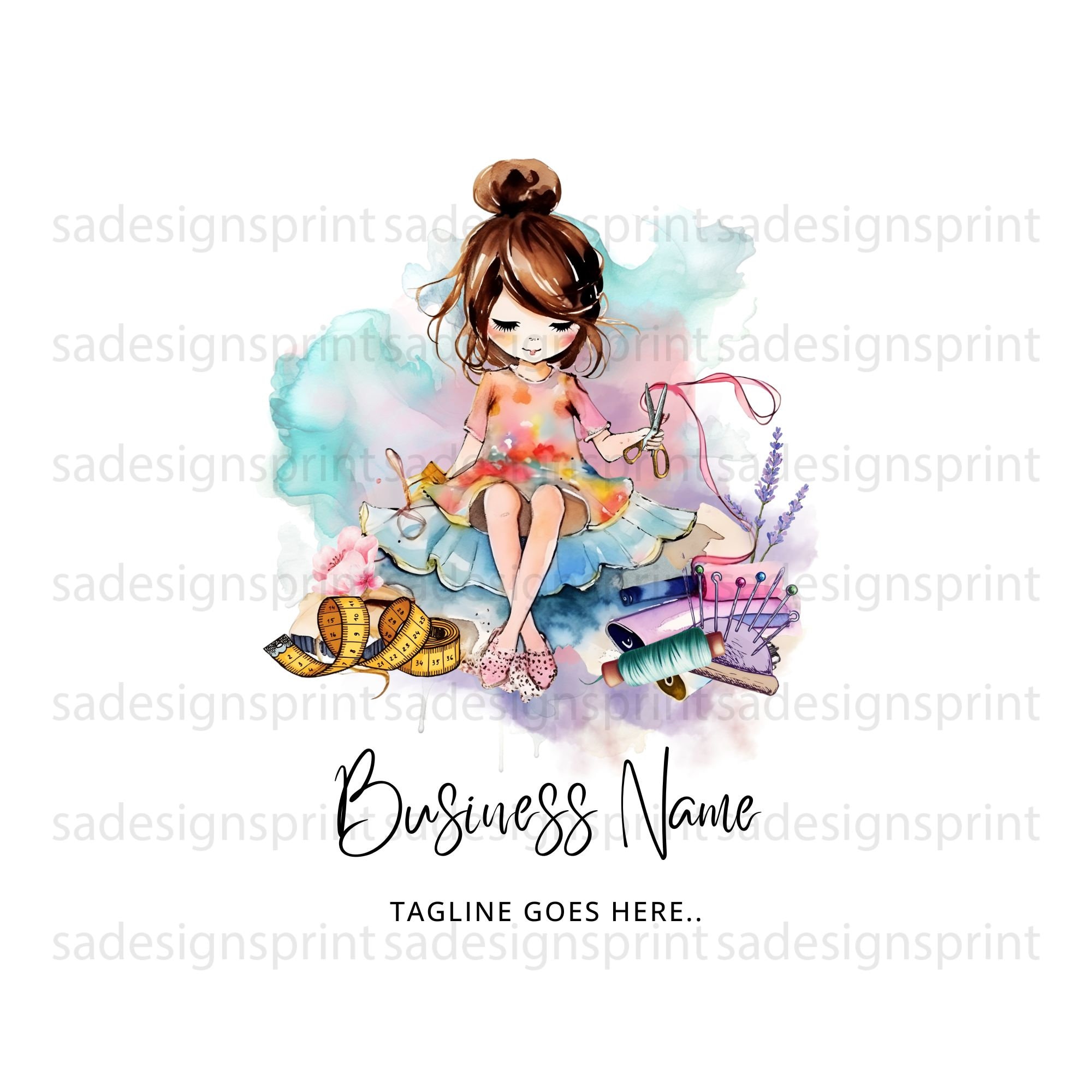 Editable Premade Sewing Logo Watercolor Girl Sewing Logo Tailoring Logo ...