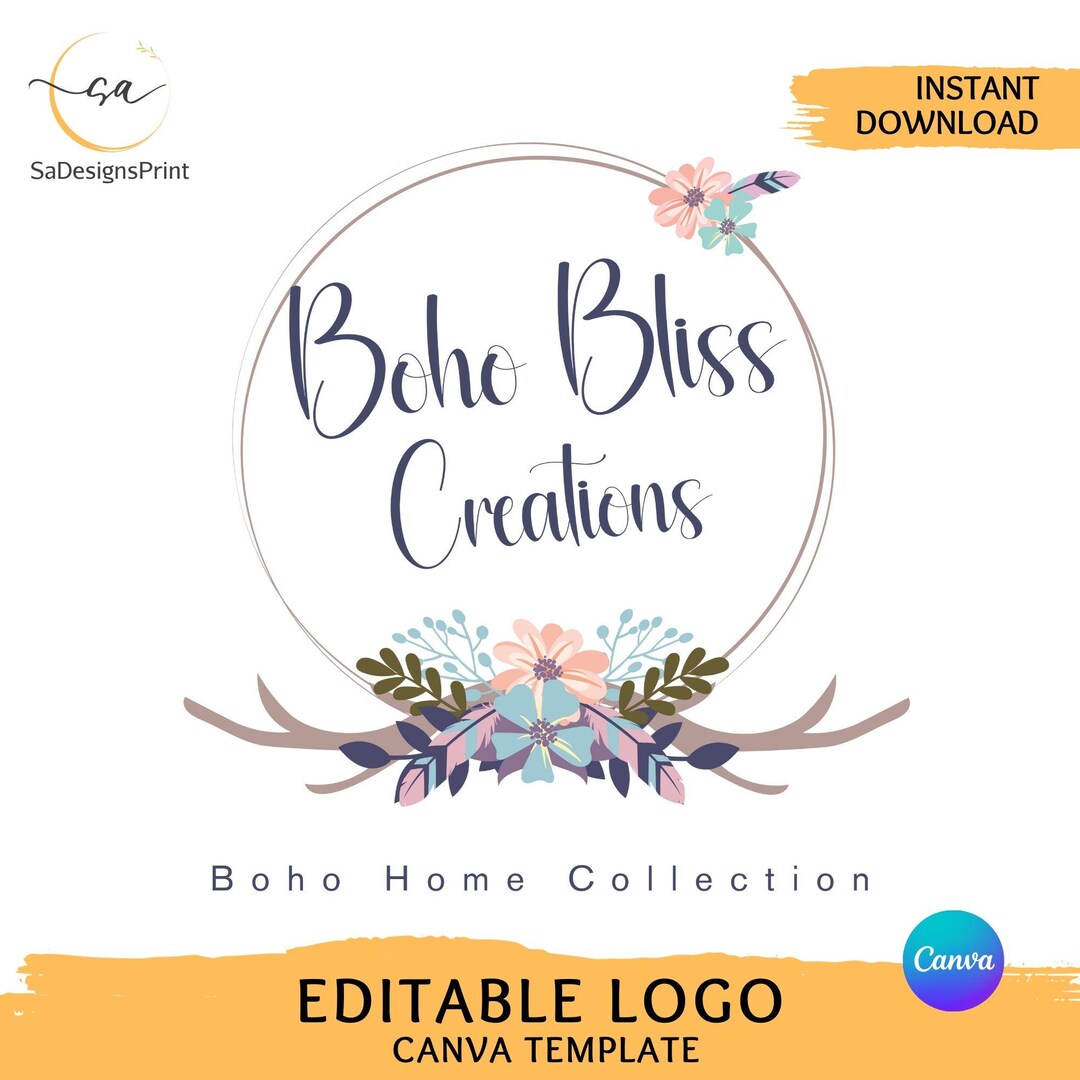 Boho Logo Canva Template Editable Western Boho Logo Floral Boho ...