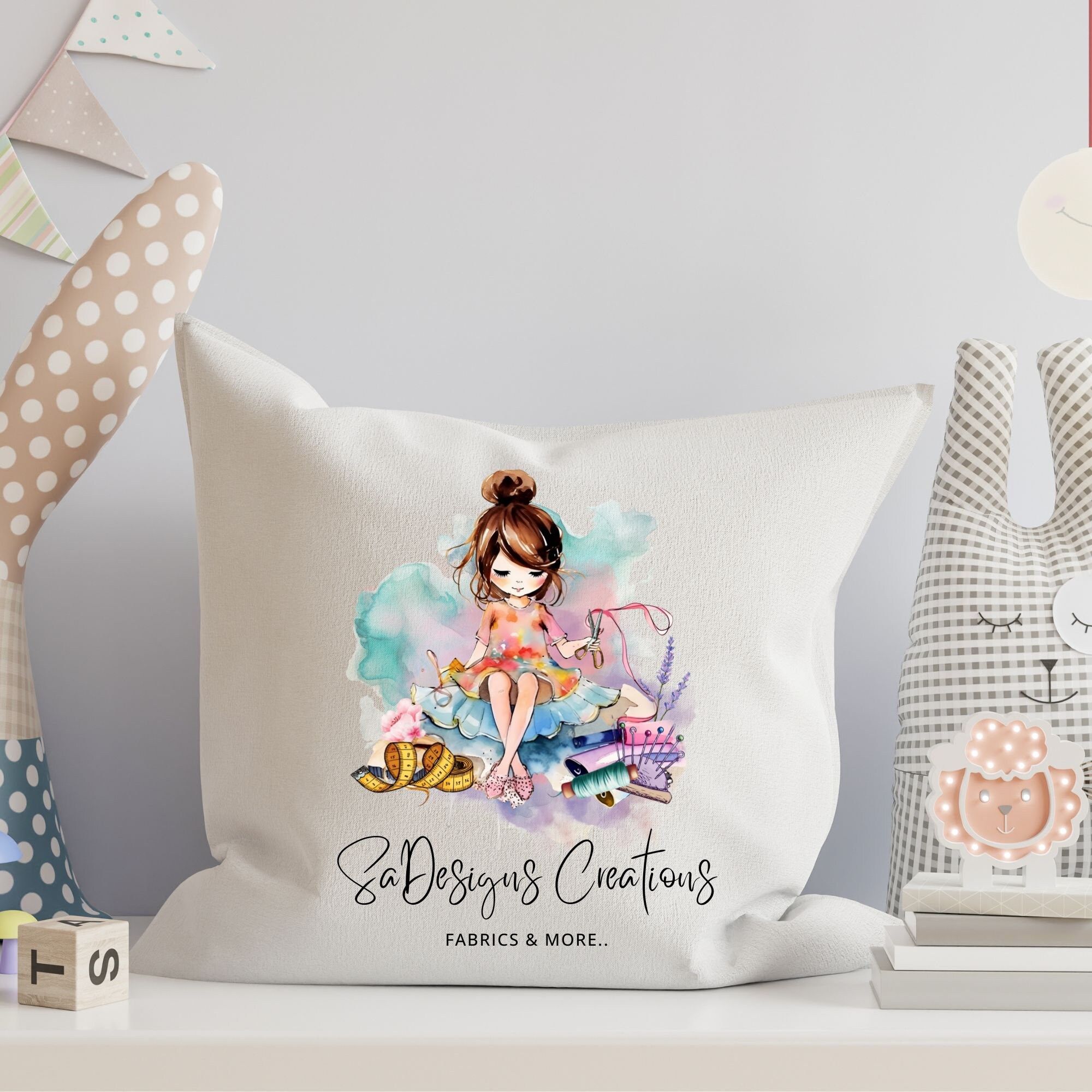Editable Premade Sewing Logo Watercolor Girl Sewing Logo Tailoring Logo ...