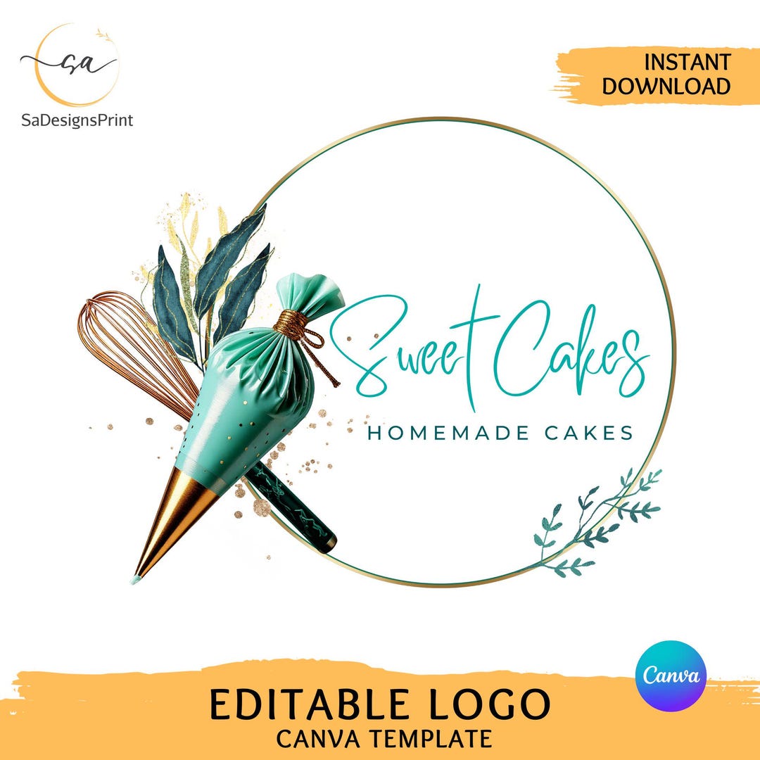 Editable Watercolor Baking Logo DIY Bakery Business Logo Gold Whisk ...