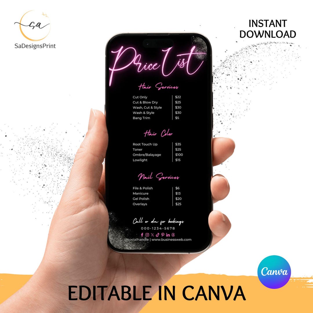 Digital Price List Template Editable Price List Template Beauty Salon ...