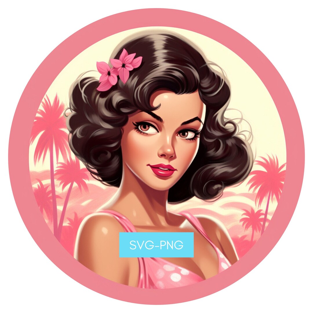 Pink Brunette Hair Brown Eyed Pin-up Girl Tropical Background, Digital ...