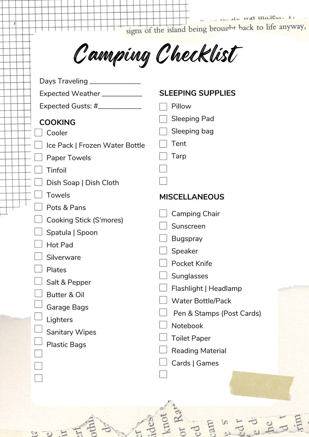 Camping Packing List - Etsy
