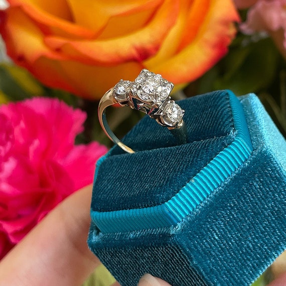 Vintage 1950's Art Deco 14K Gold Three Diamond Engage… - Gem