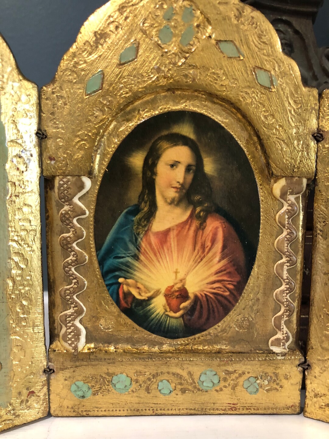 Vintage Florentine Triptych Sacred Heart of Jesus Gilded Wood Plaque ...
