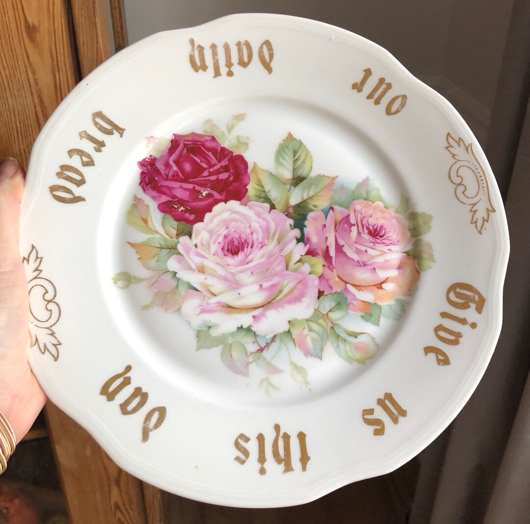 Vintage German Plate Cabinet Plate Religious Our Father Pretty Roses ...