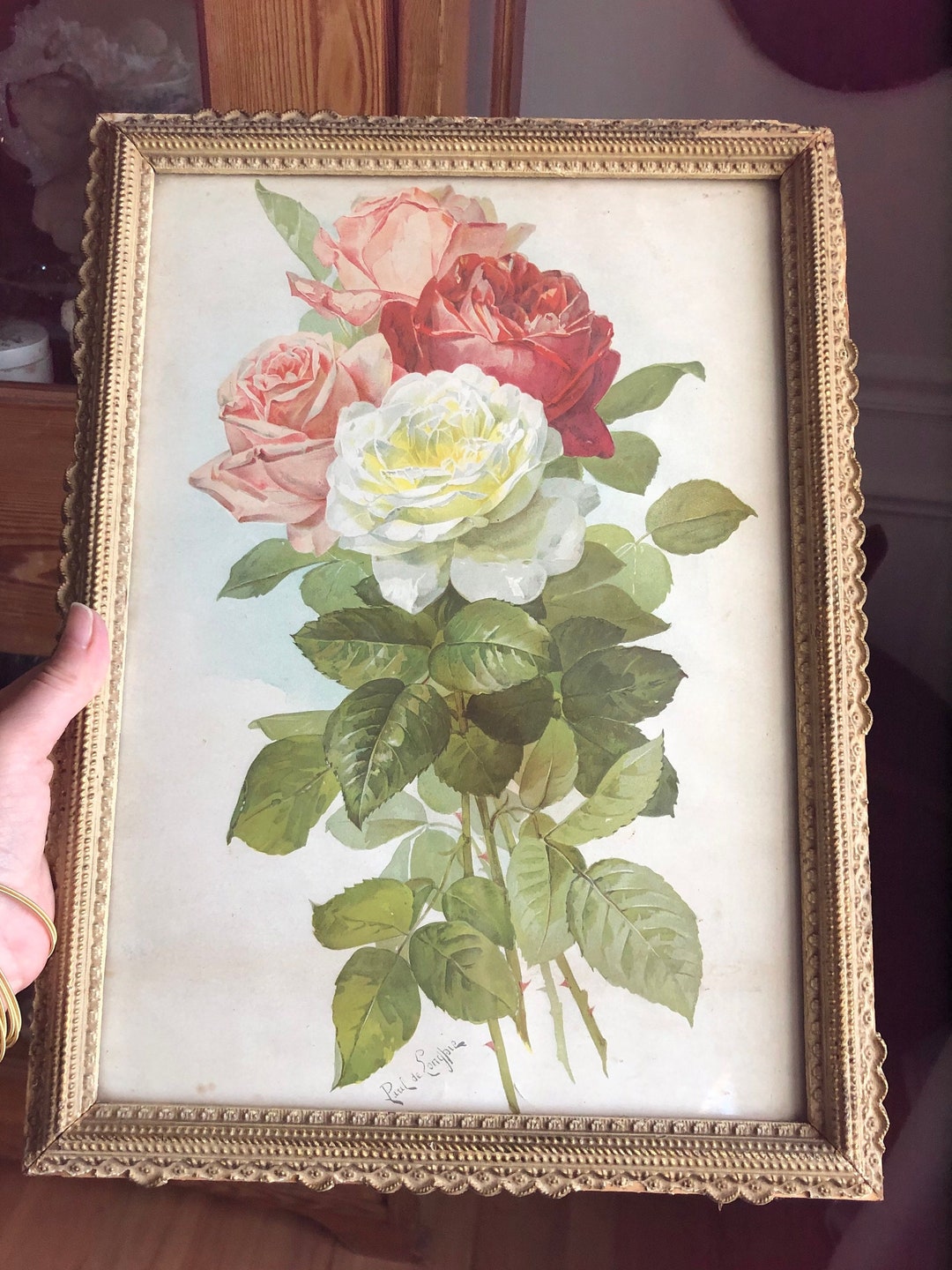 Original Paul De Longpre Roses Lithograph Print Original Gilt Frame Old ...