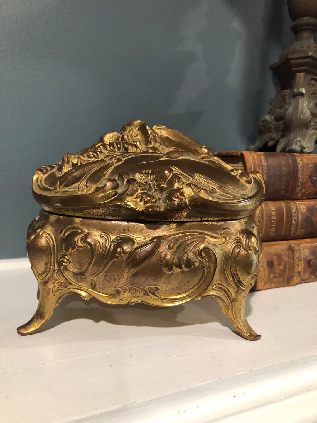 Large Victorian Gilded Metal Jewelry Casket Hinged Footed Jewelry Box ...