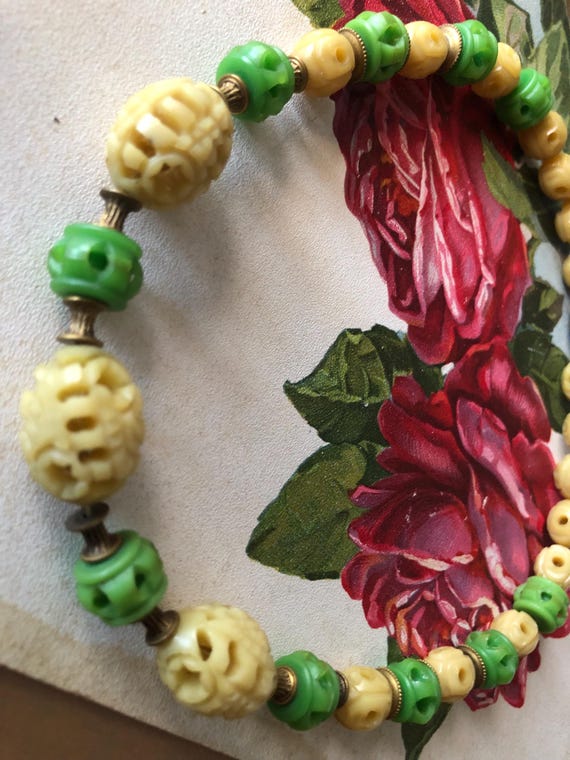 Vintage Deco Carved Celluloid Bead Chinese Necklace B… - Gem