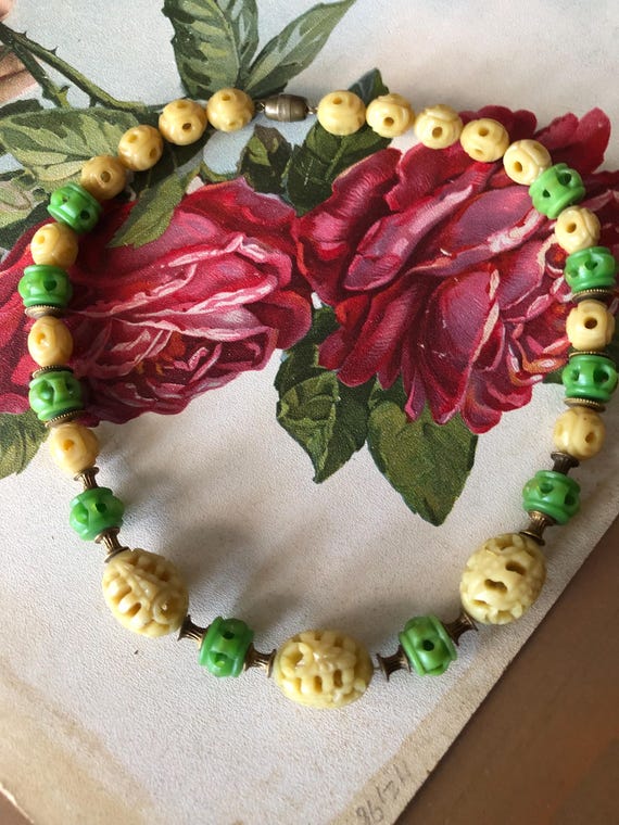 Vintage Deco Carved Celluloid Bead Chinese Necklace B… - Gem