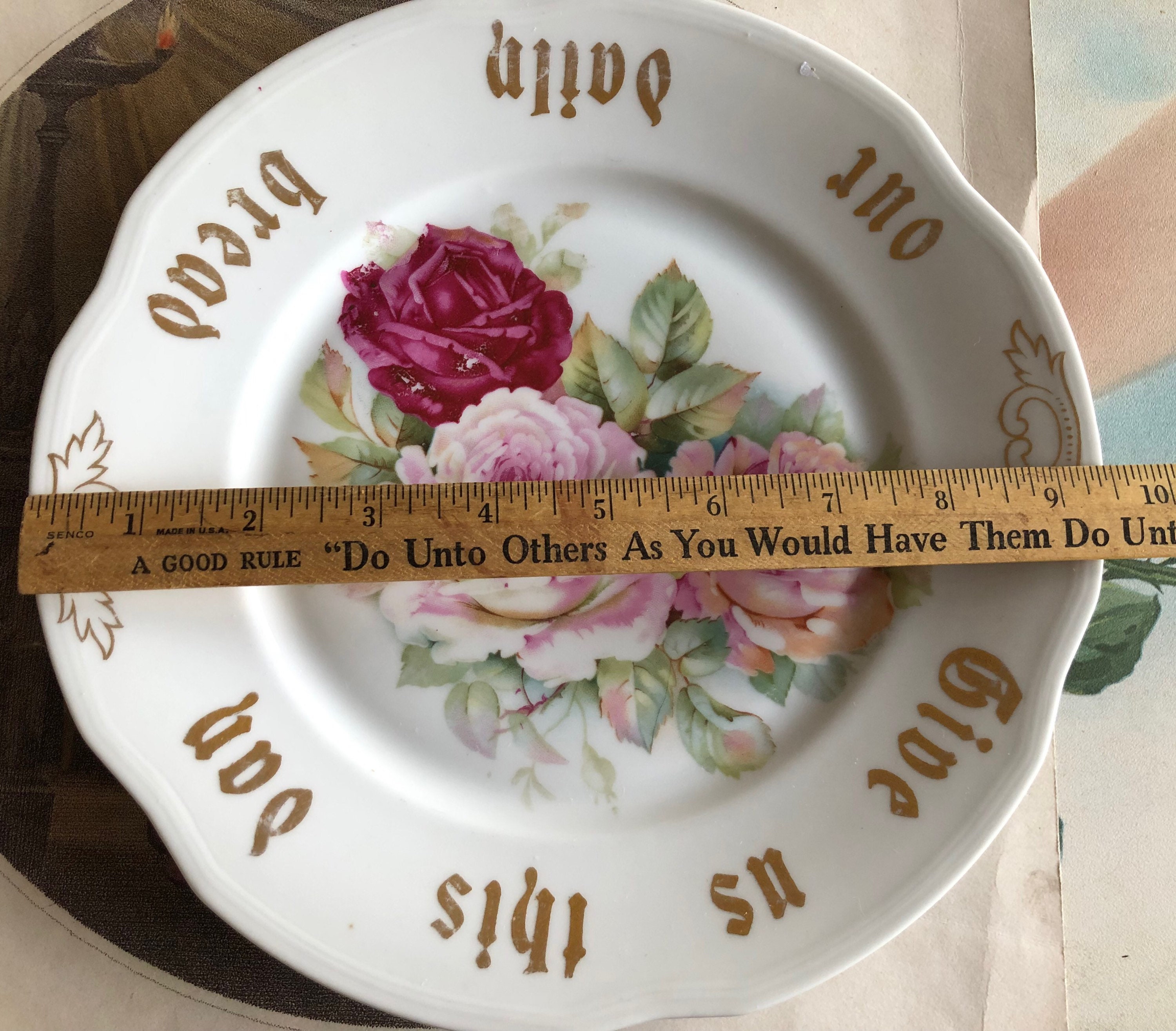 Vintage German Plate Cabinet Plate Religious Our Father Pretty Roses ...