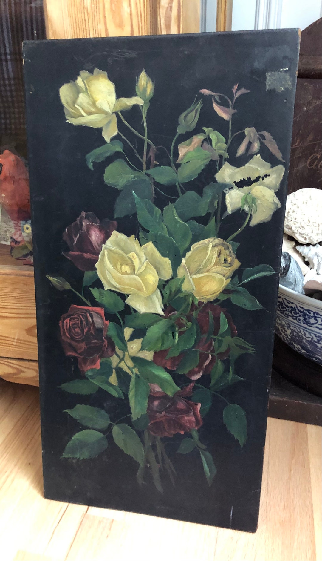Lovely Antique Victorian Roses Bouquet Oil on Ebony Wood Board - Etsy