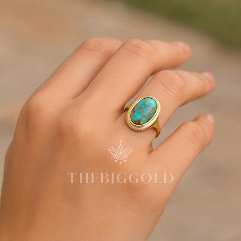 14K Gold Turquoise Ring: Oval Cabochon Birthstone Ring - Etsy