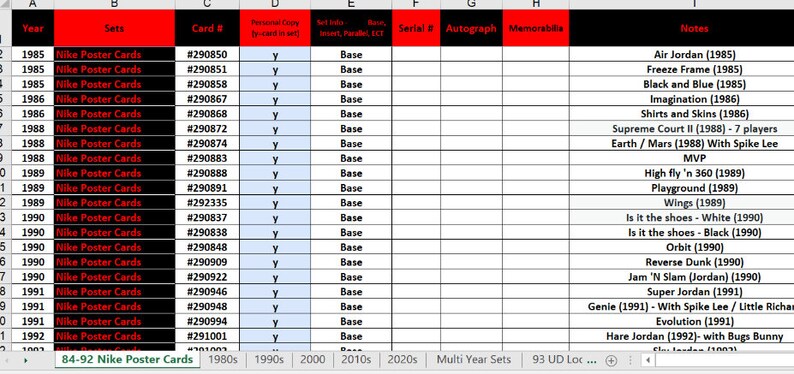 Michael Jordan Sports Card Checklist & Collection Tracker - Etsy