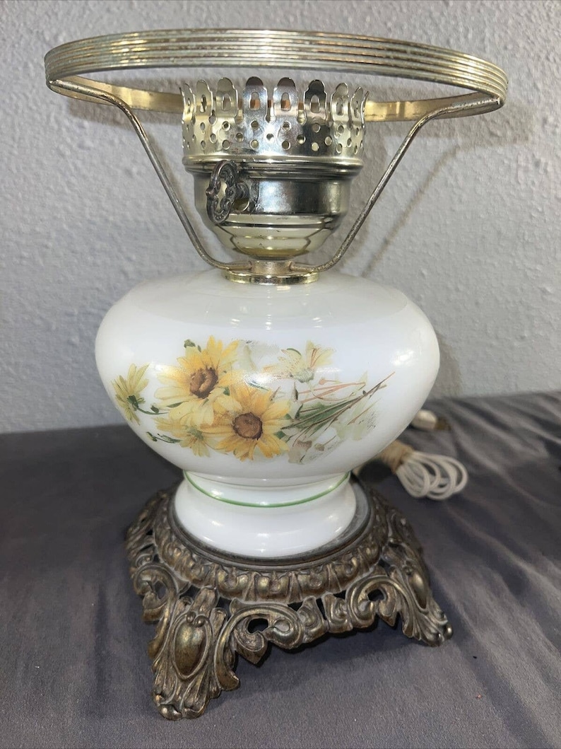 Vintage 3 Way Hurricane Lamps White With Flowers Green Trim 17.5" SET ...