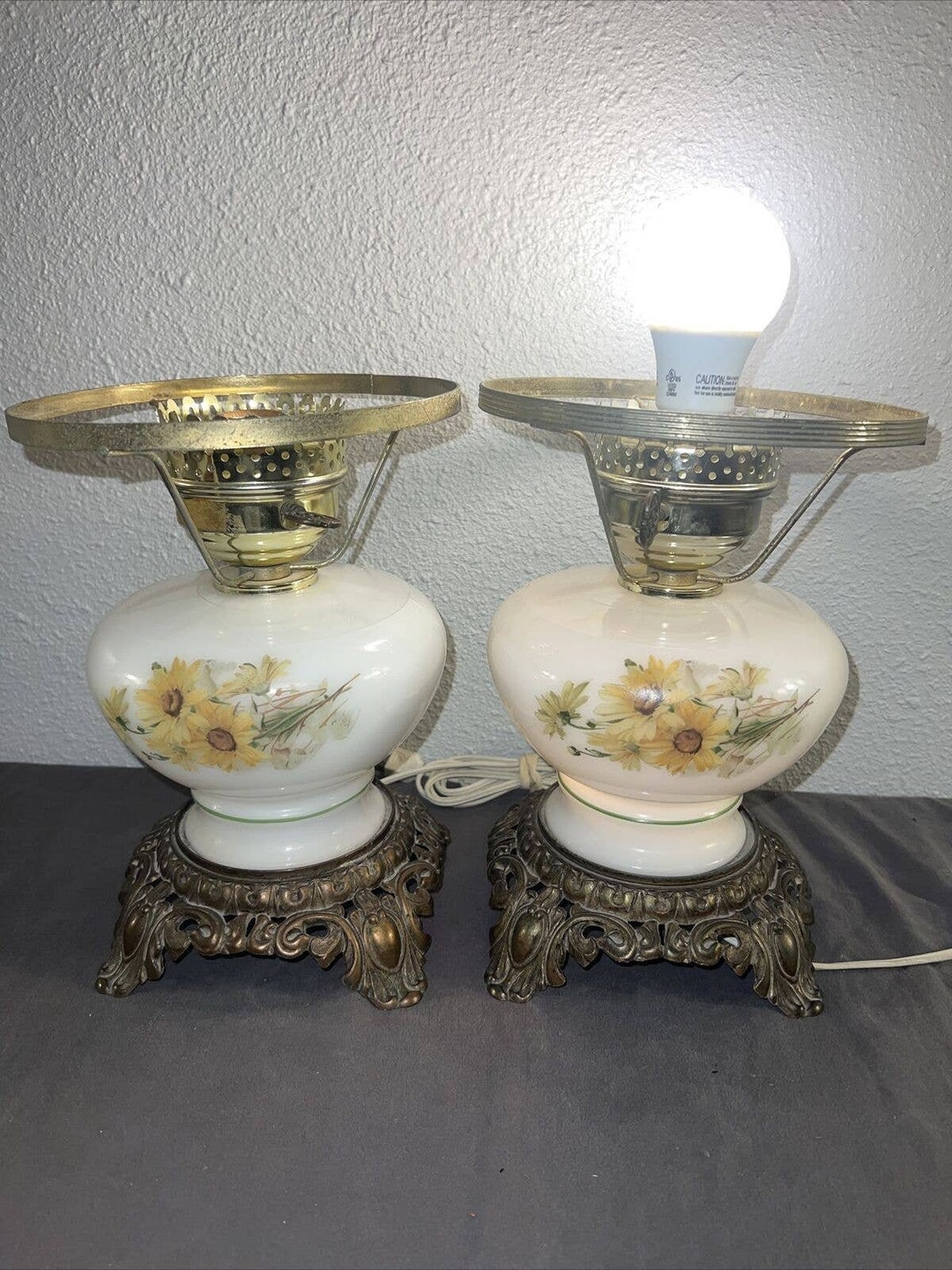 Vintage 3 Way Hurricane Lamps White With Flowers Green Trim 17.5" SET ...