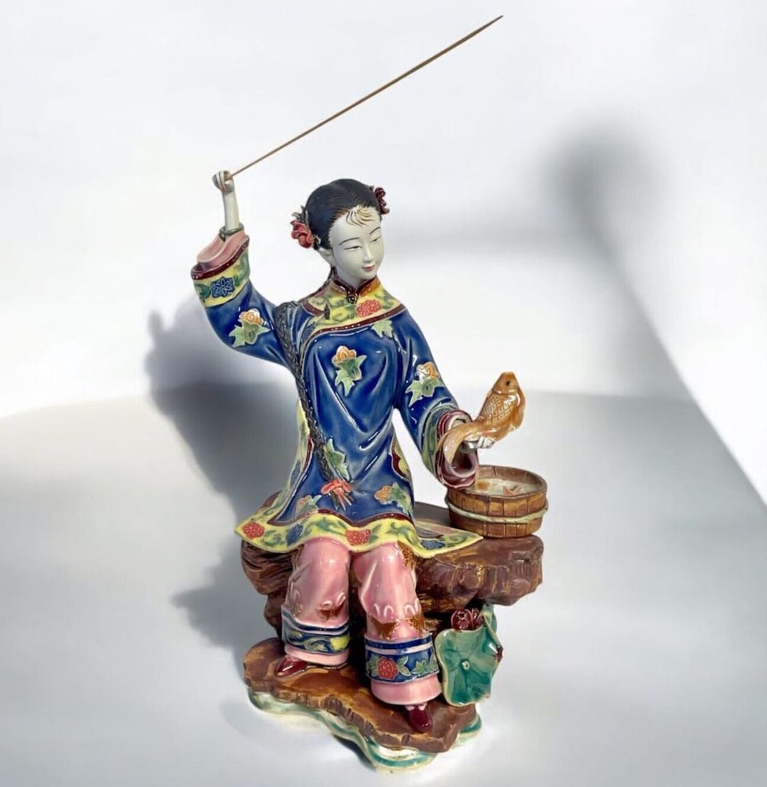 Qing Dynasty Style Porcelain Figurine: Girl Fishing, Signed (damaged ...