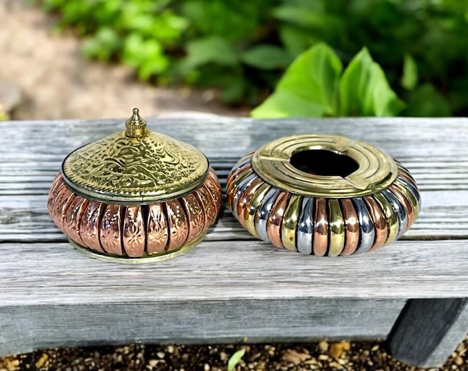 Ashtray & Stash Box Set Solid Multi Colored Brass Middle East Arabic ...