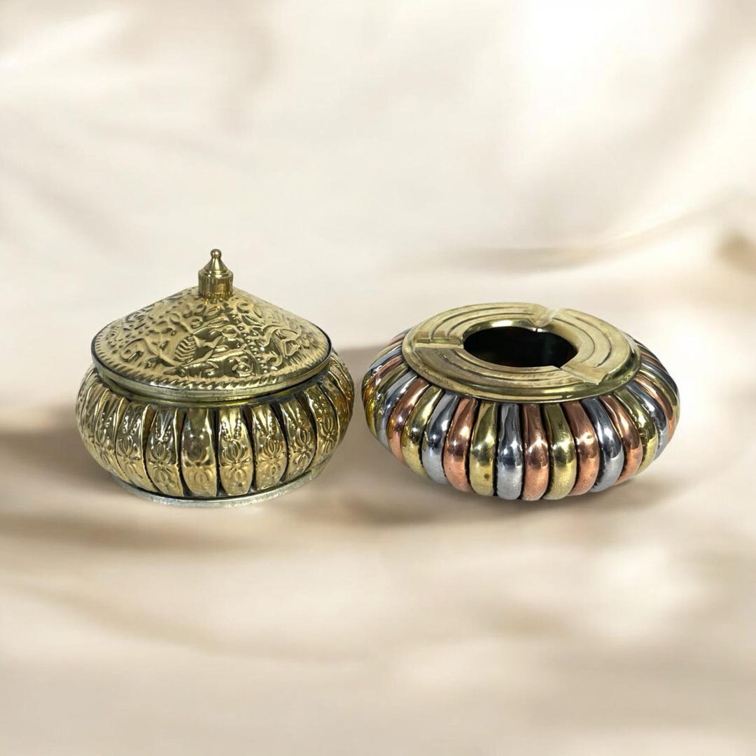 Ashtray & Stash Box Set Solid Multi Colored Brass Middle East Arabic ...