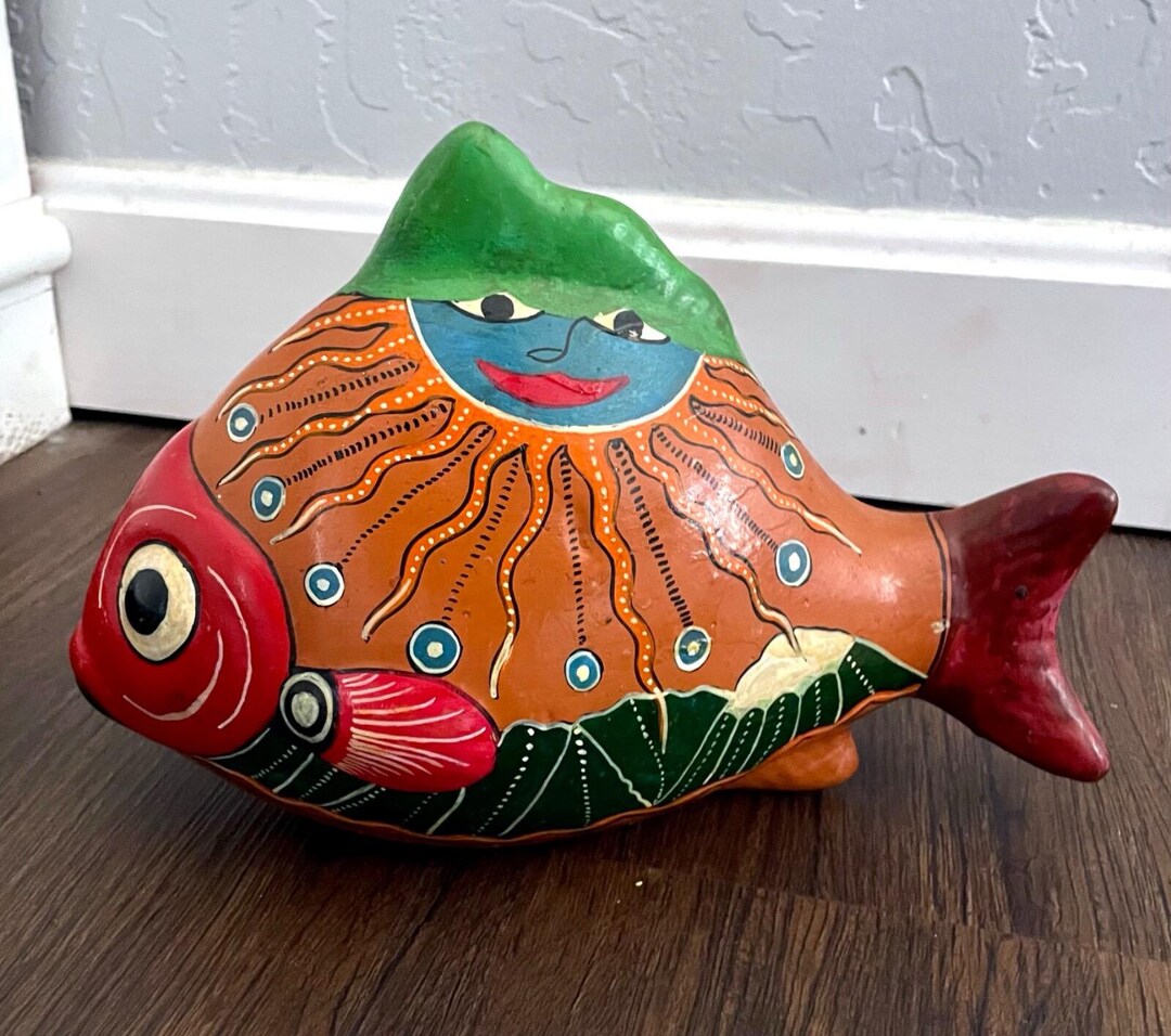 Large Colorful Hand Painted Clay Fish Figurine From Mexico. - Etsy