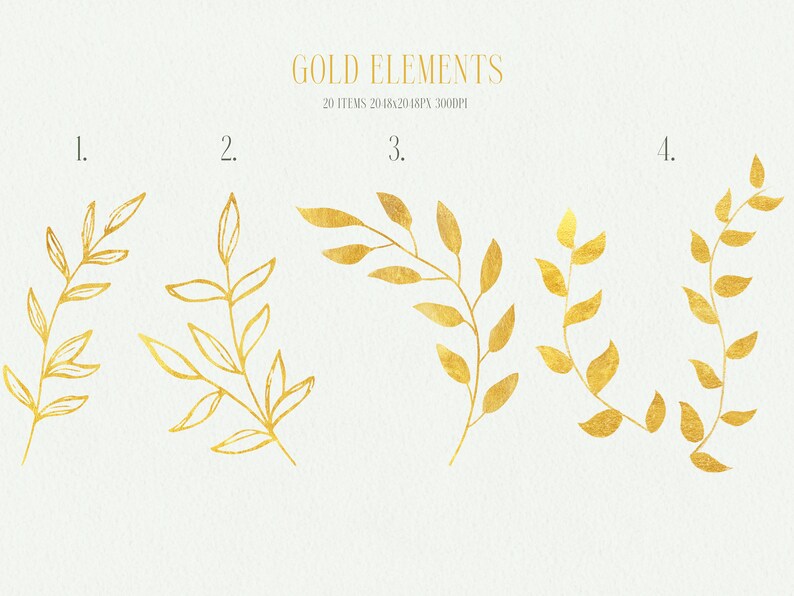 Gold Floral Clipart, Foliage Clipart, Gold Floral Elements, Botanical ...