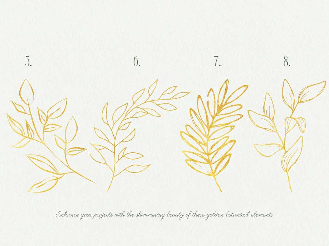 Gold Floral Clipart, Foliage Clipart, Gold Floral Elements, Botanical ...