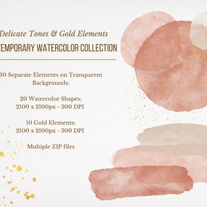 20 Pastel and 10 Gold Abstract Designs, Watercolor Clipart, Abstract ...
