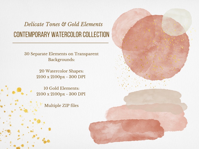 20 Pastel and 10 Gold Abstract Designs, Watercolor Clipart, Abstract ...