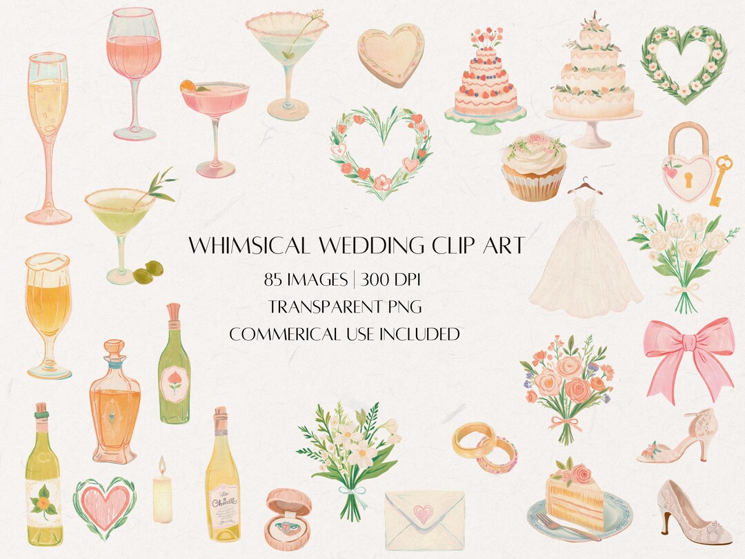 Wedding Clipart Bundle | Colored Pencil Wine, Flowers, Rings, Dresses ...