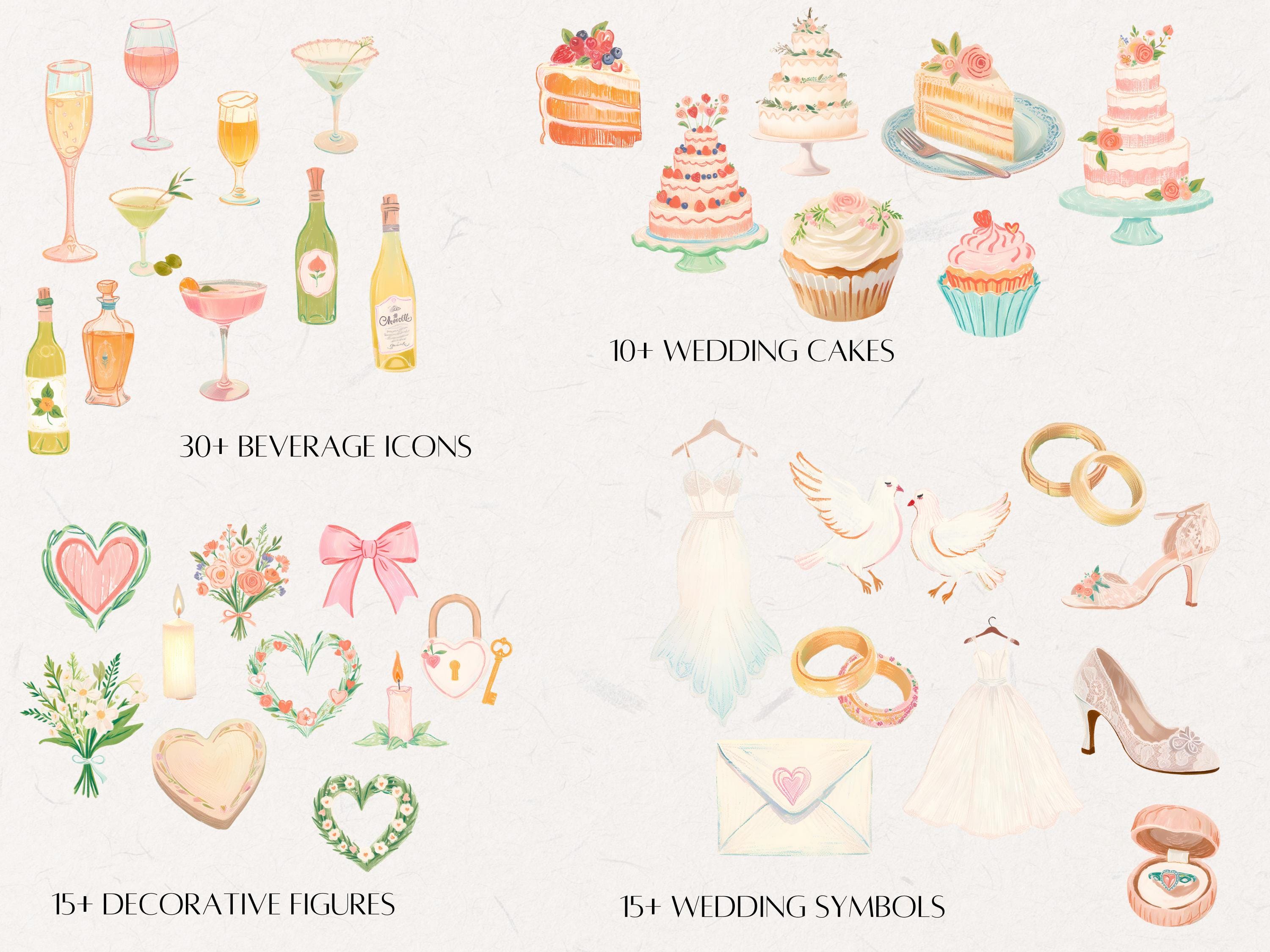 Wedding Clipart Bundle | Colored Pencil Wine, Flowers, Rings, Dresses ...