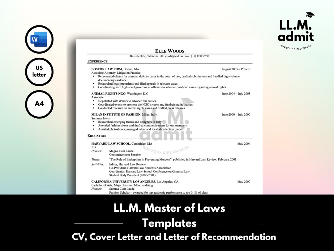 Law School Application Materials Templates | CV, Cover Letter, Letter ...
